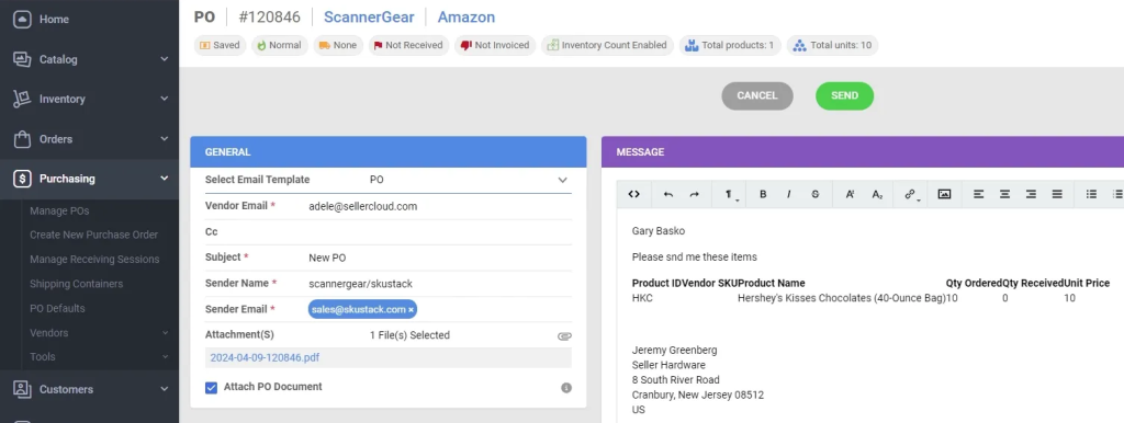 Send PO to Vendor – Sellercloud LMS